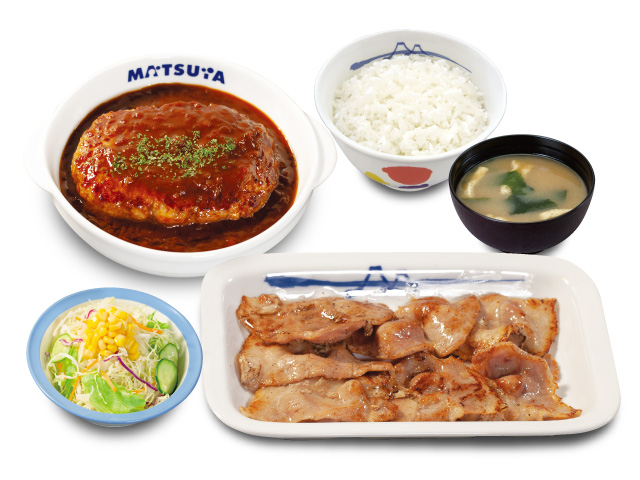 Set Meal of Hamburger Steak with Demi-glace Sauce and Grilled Pork ...